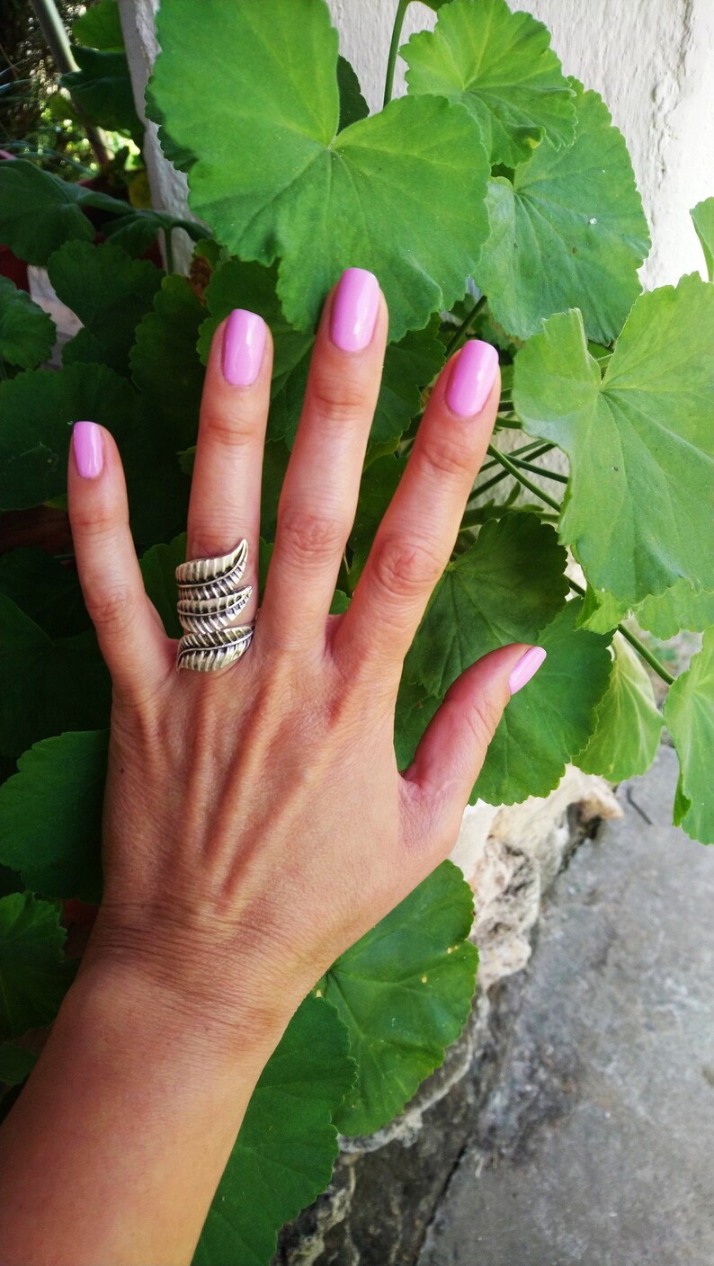 Leaf Shaped Stackable Silver Coated Ring. Adjustable Statement - Etsy