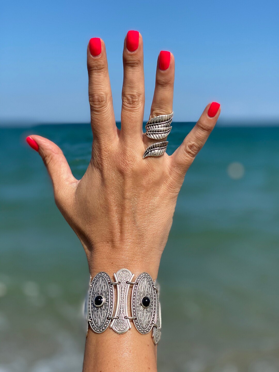 Leaf Shaped Stackable Silver Coated Ring. Adjustable Statement Ring in ...