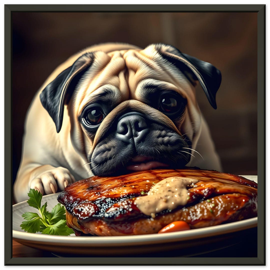 Pug Eating Steak Framed Poster - Fun Wall Art | Personalized Gift for ...