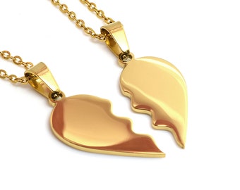 Split Steel Broken Heart Pendant Necklace, BFF Divided Jewelry, Lovers ...