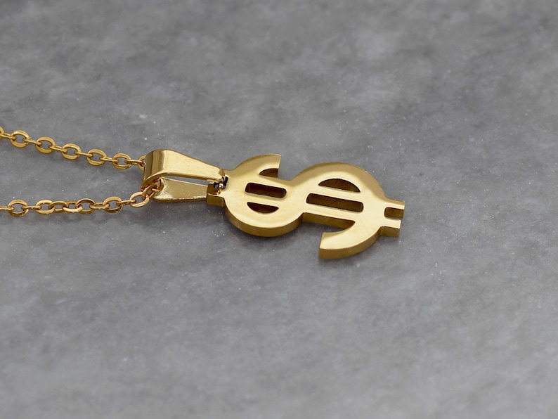 Golden Dollar Sign Necklace, Gold Money Pendant, Big Spender Wealth ...