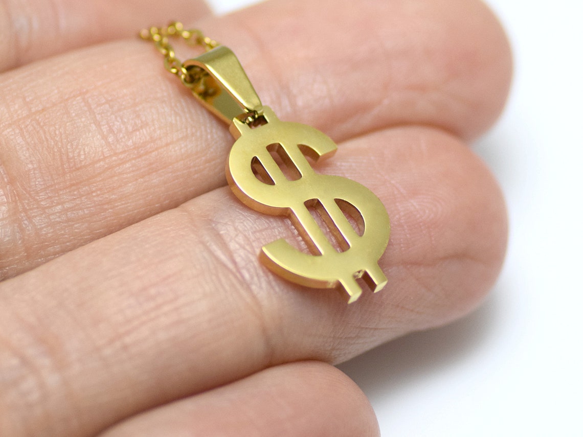 Golden Dollar Sign Necklace, Gold Money Pendant, Big Spender Wealth ...