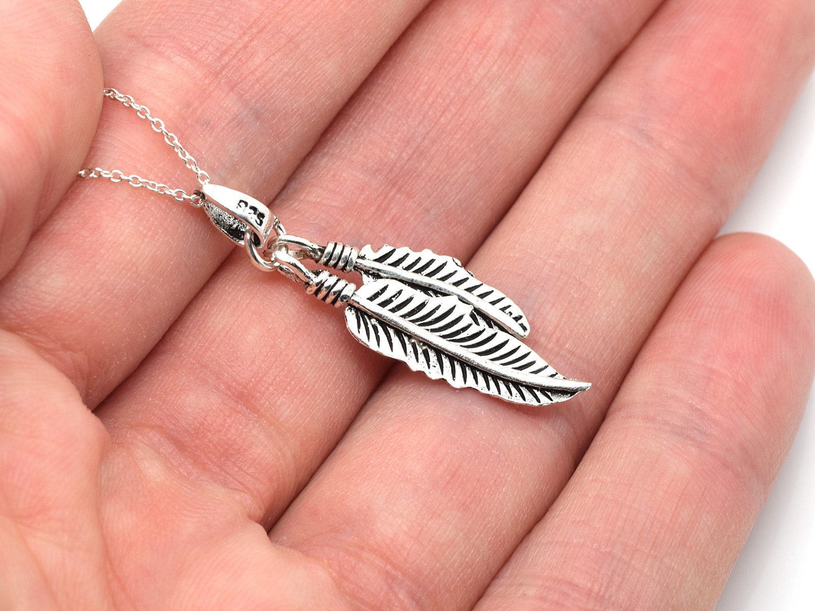 Double Feather Necklace in Sterling Silver Bird Pendant 925 | Etsy