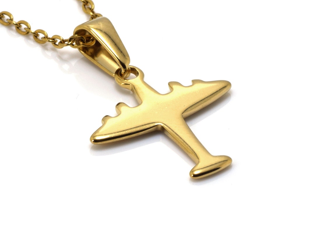 Gold Airplane Pendant Necklace in Stainless Steel, Aviation Aircraft ...