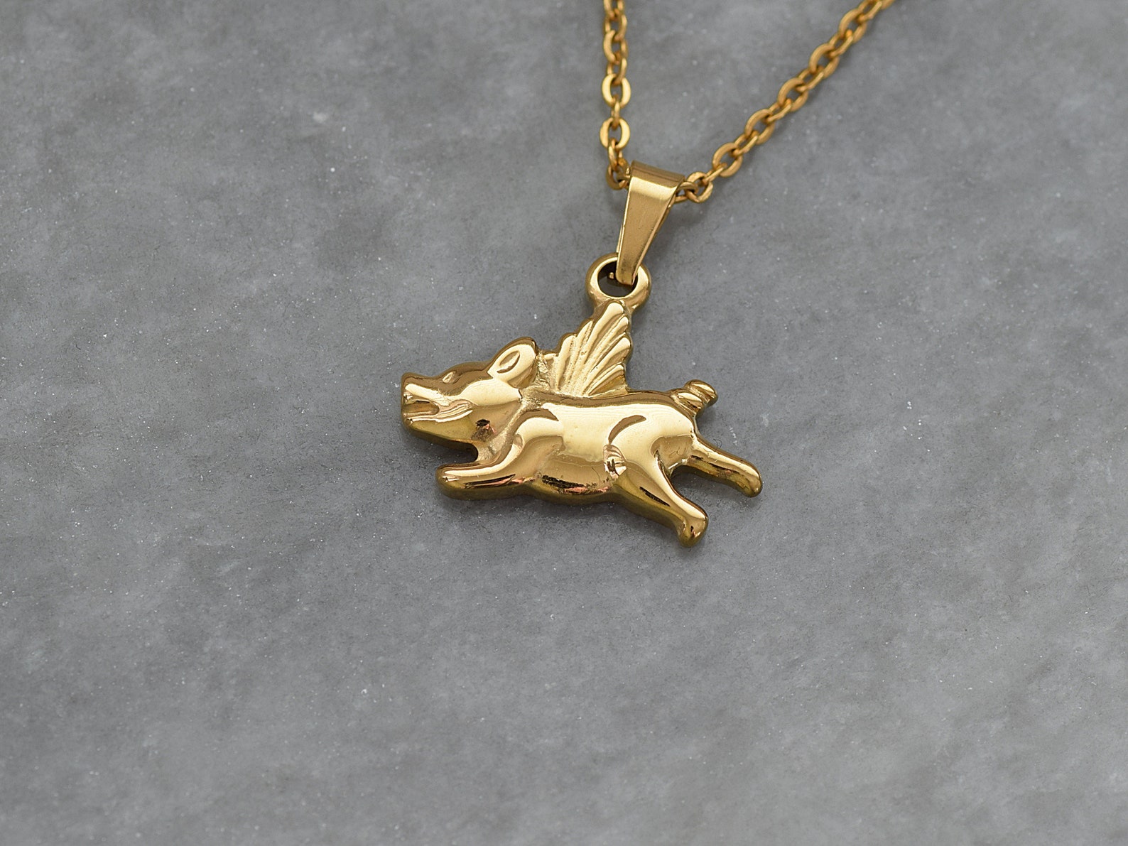 Gold Flying Pig With Wings Necklace in Stainless Steel Golden | Etsy