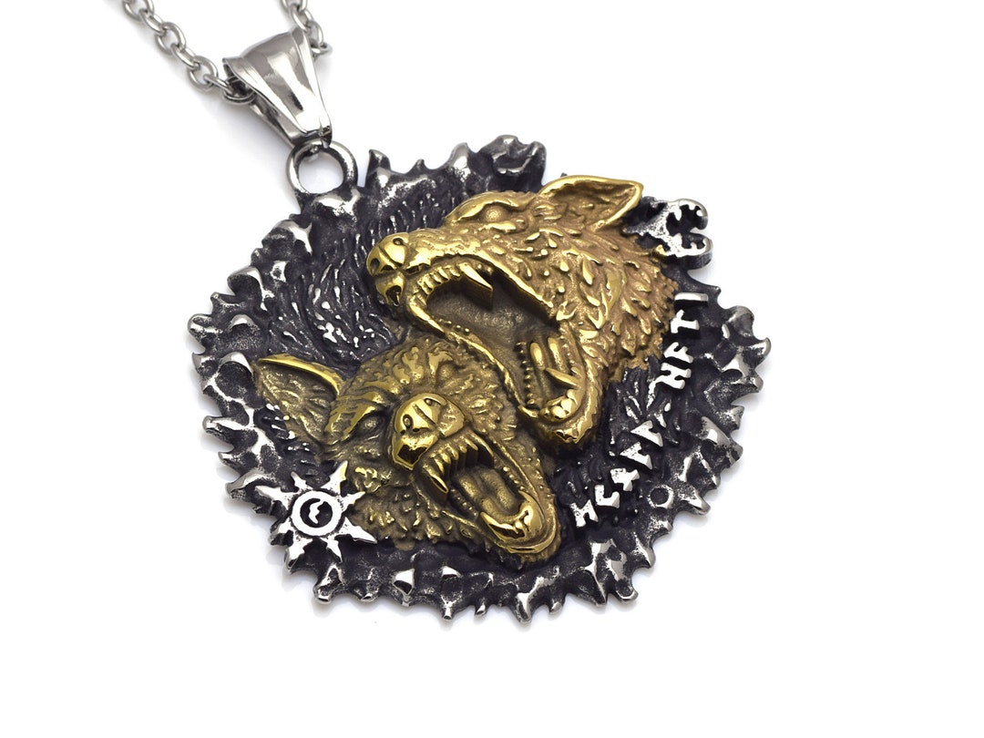 Gold Gere and Freke Necklace, Golden Wolf Pendant, Viking Jewelry in ...