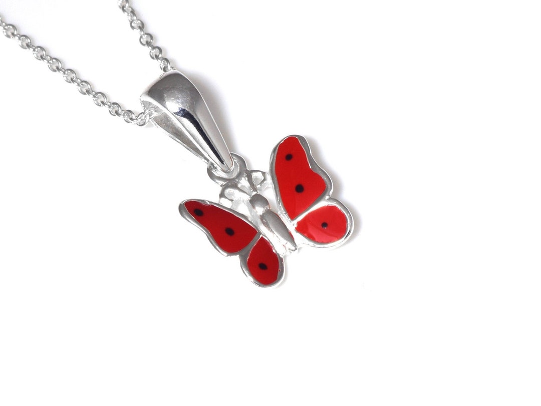 Red Butterfly Necklace, Enamel Insect Pendant, Animal Jewelry in 925 ...