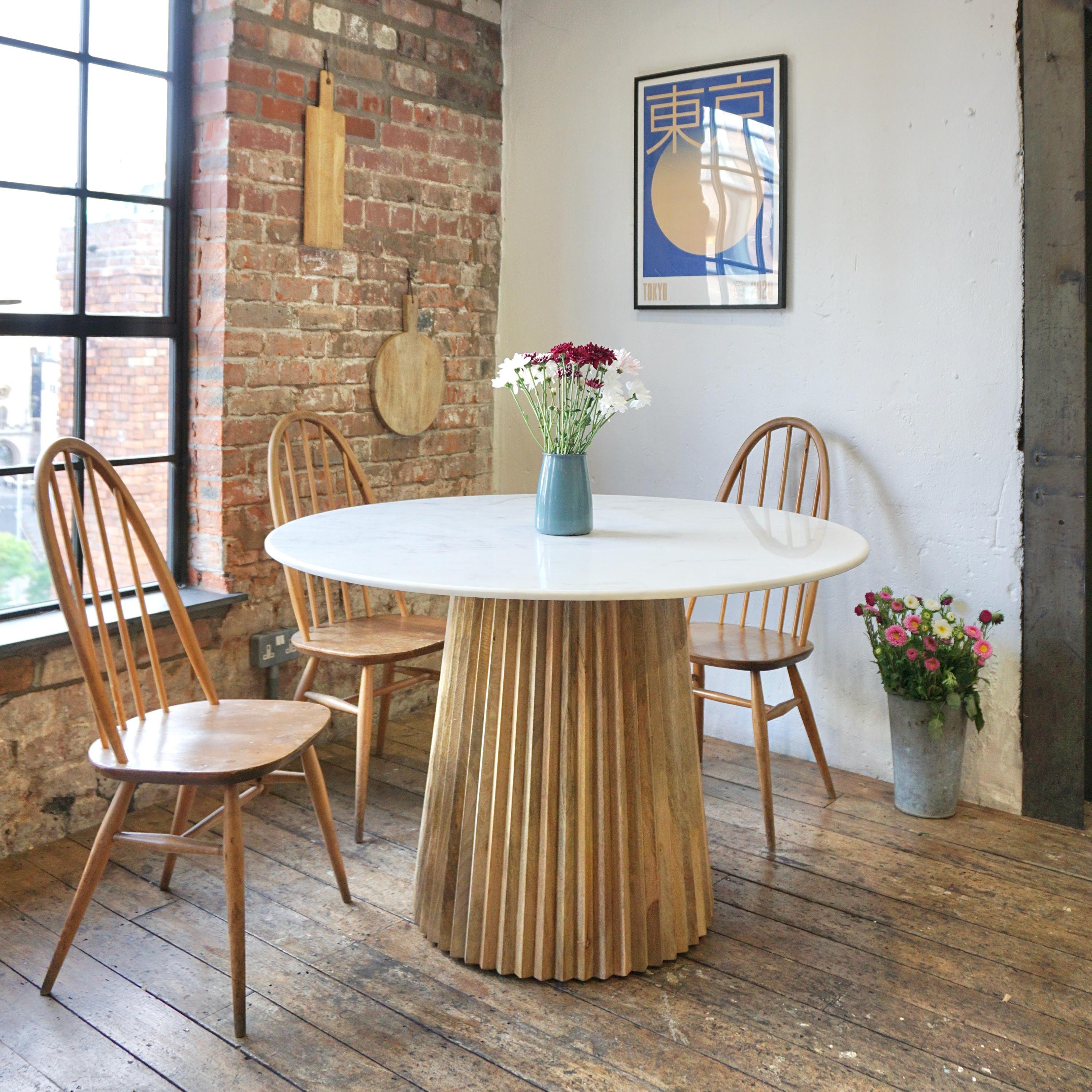Freya Round Solid Marble Mango Wood Dining Table Natural Featuring a Geometric Pedestal Base With a White Marble Top Hand Made 2 Sizes Etsy