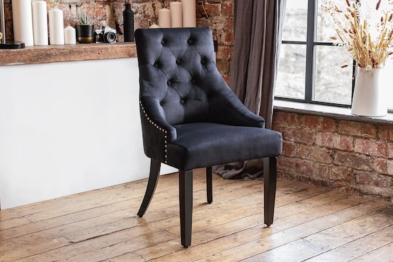 2 X Portia Knocker Back French Style Scoop Dining Chairs Finished in Black Velvet With Chrome Studs Handle and Black Legs Etsy