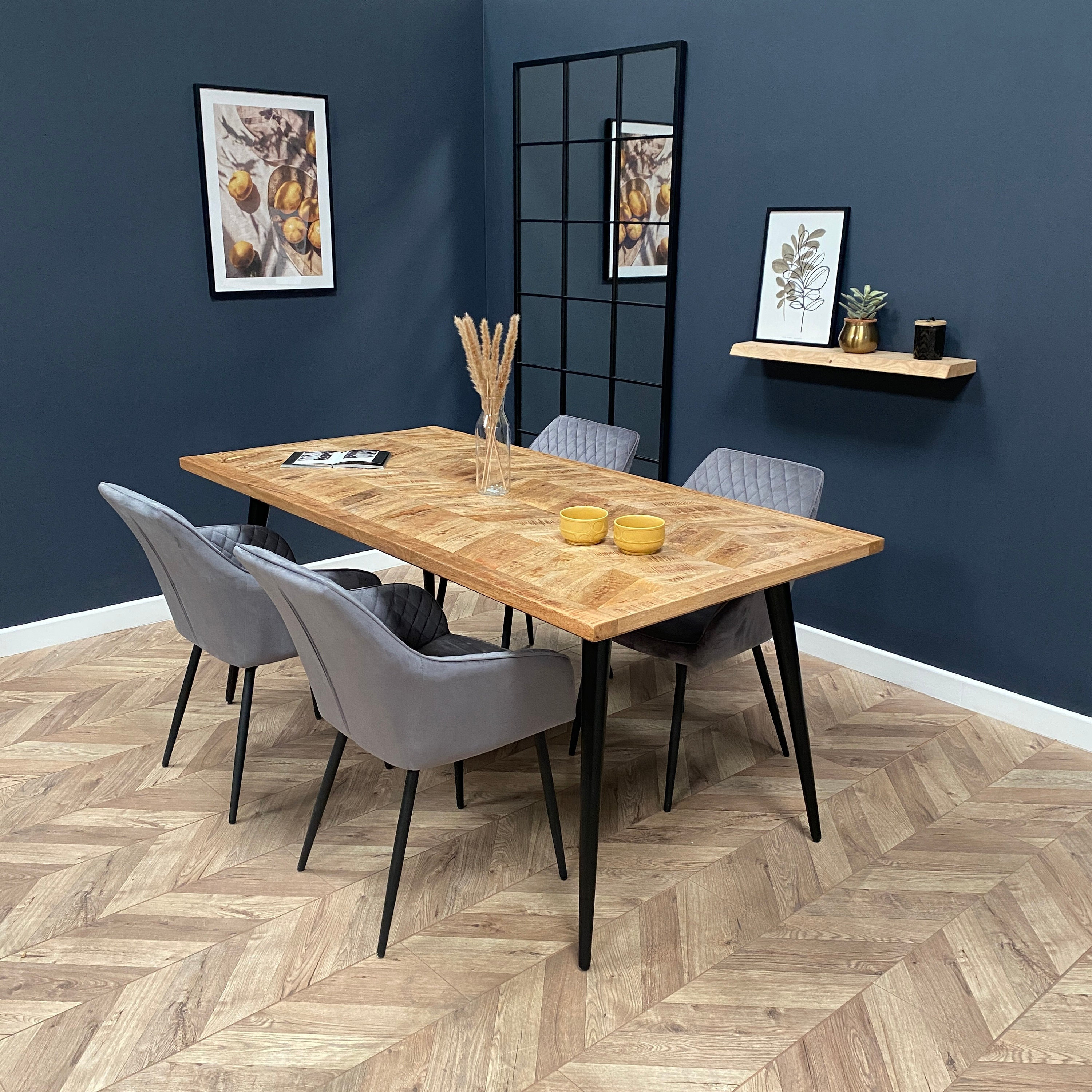 Leo Herringbone Style Solid Mango Wood Luxury Industrial Dining Table Black Legs Seats 6 8 Length 1.8m 1.6m or 1.4m Parquet Hand Made Table Etsy