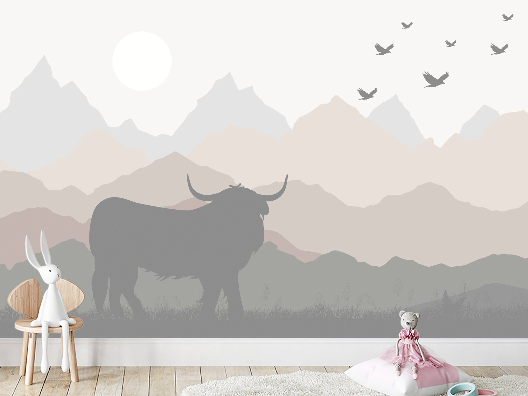 Highland Cow Wallpaper for Kids Removable. Pastel Pink Grey Ombre ...