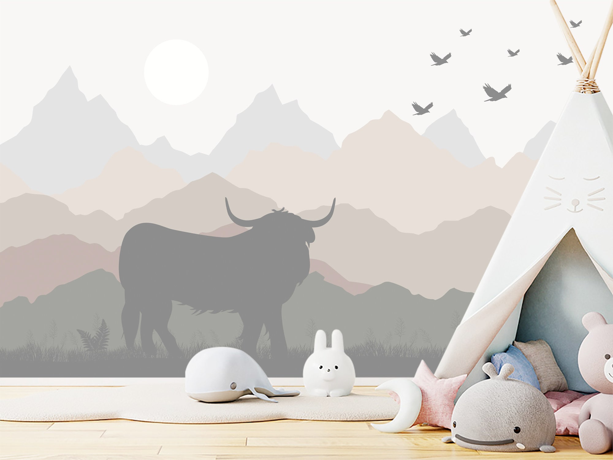 Highland Cow Wallpaper for Kids Removable. Pastel Pink Grey Ombre ...
