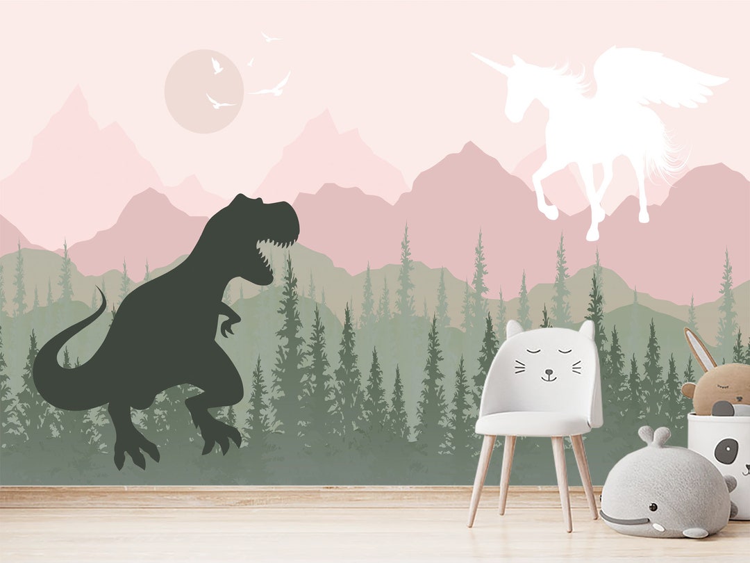 Dinosaur and Unicorn Wallpaper for Kids Room Removable, Green Forest ...