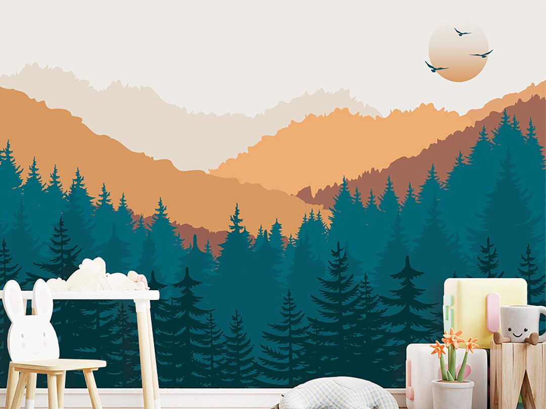 Boho Mountain Wallpaper. Hunting Wallpaper Peel and Stick. Forest Wall ...