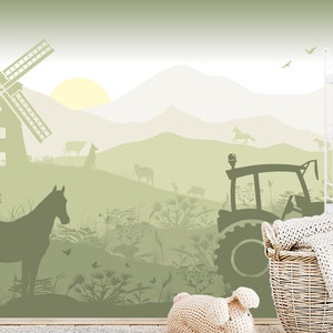 Farm Wallpaper for Nursery Room, Farmhouse Animals Horse, Cow, Birds ...