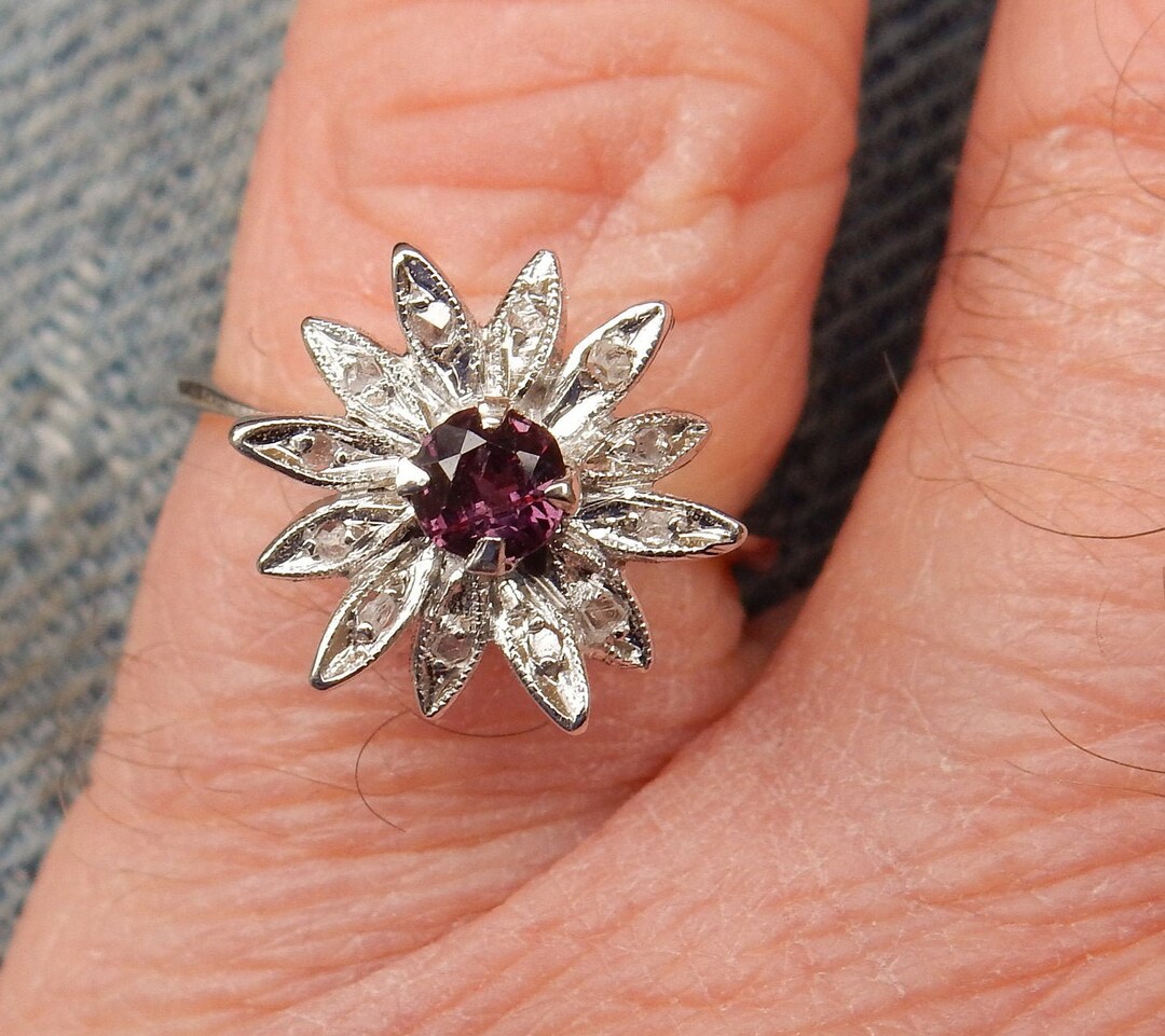14ct / 14k White Gold Ruby and Rose Diamond Flower Ring - Etsy UK