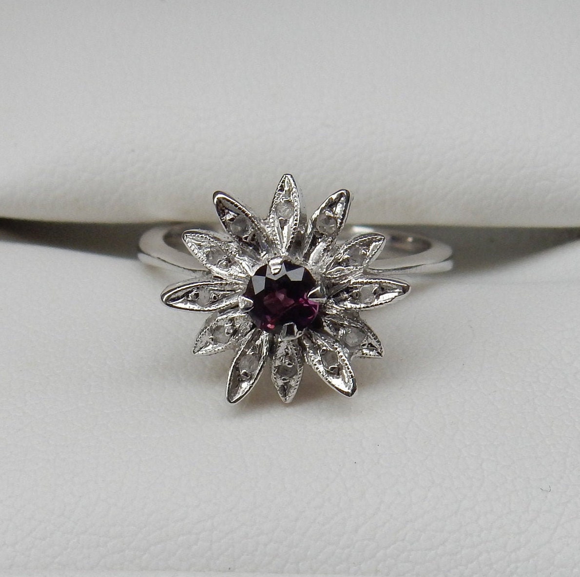 14ct / 14k White Gold Ruby and Rose Diamond Flower Ring | Etsy