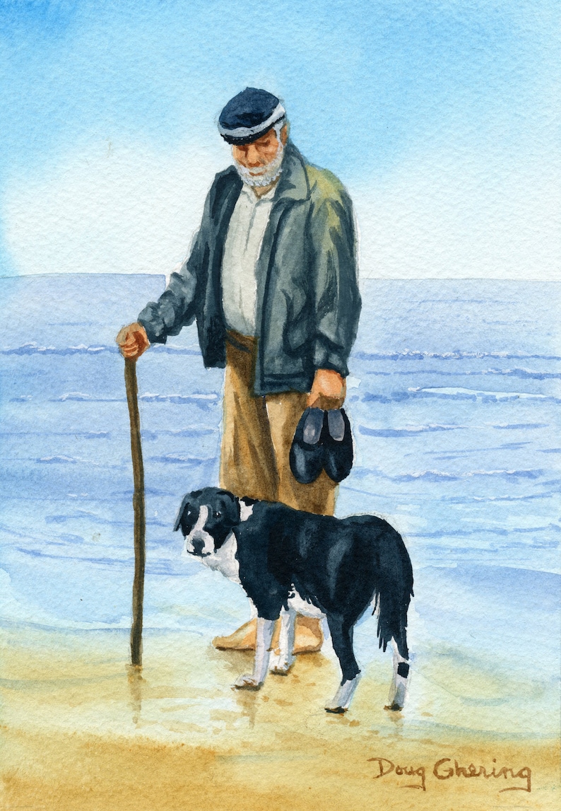 Beach Stroll Watercolor Painting: Old Man and Dog Art (5x7 In) - Etsy