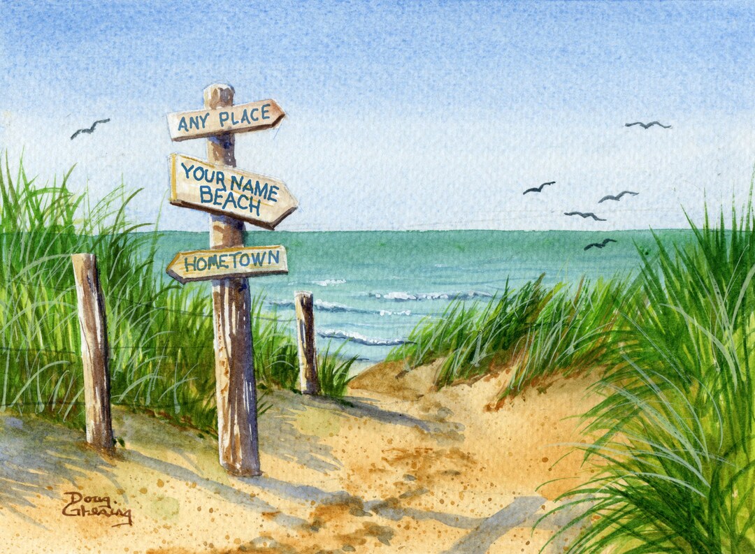 Personalized Beach Painting, Your Name or Town Added to Watercolor ...