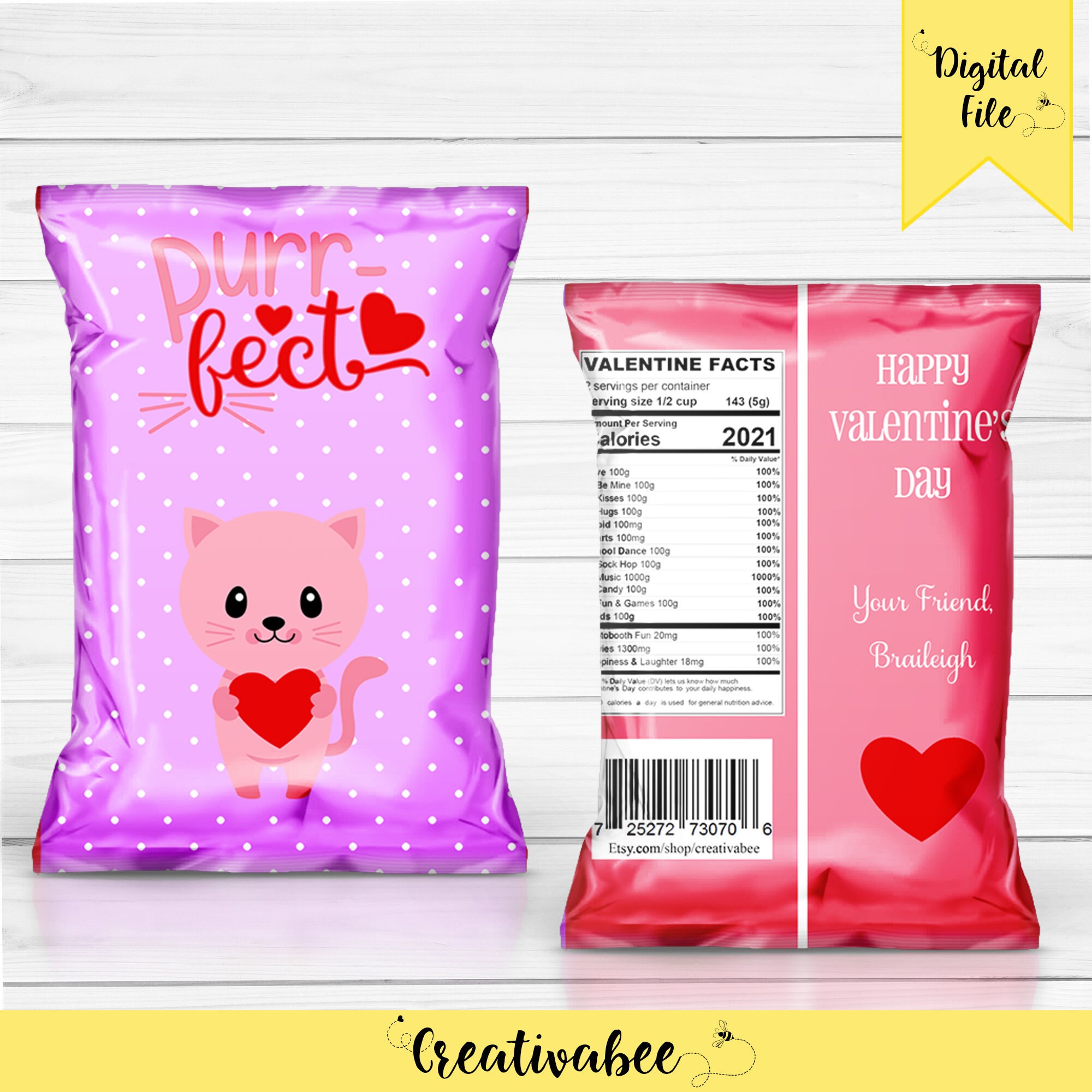 Valentine Favor Bags-Custom Chip Bags-Cat-Valentine's | Etsy Nederland
