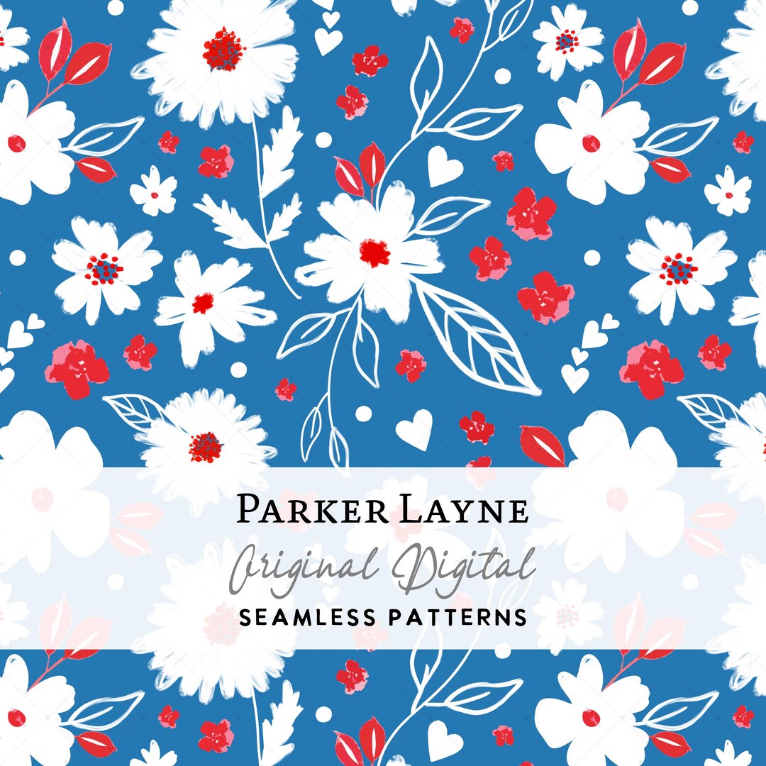 Retro 4th of July Floral Seamless Pattern: Red White Blue (digital ...