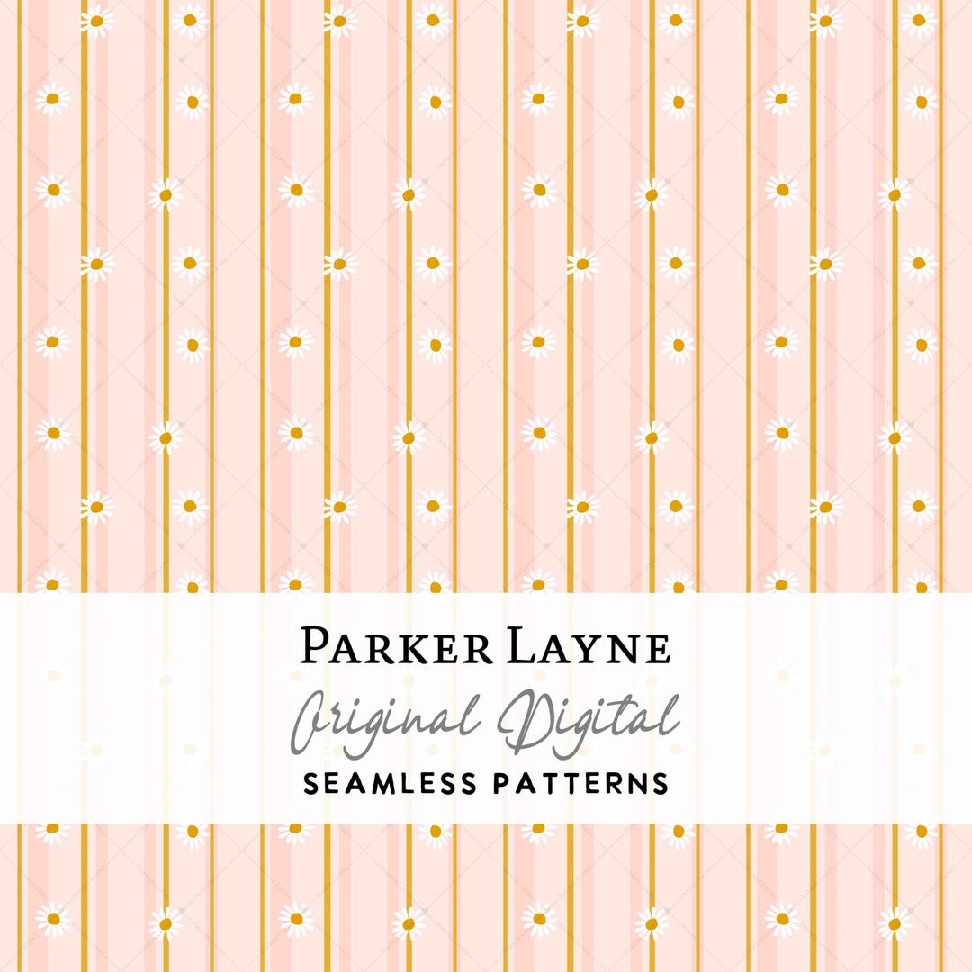 70s Doodle Daisy Seamless Pattern, Vertical Stripes, Boho Flowers, Gold Mustard and Pink ...