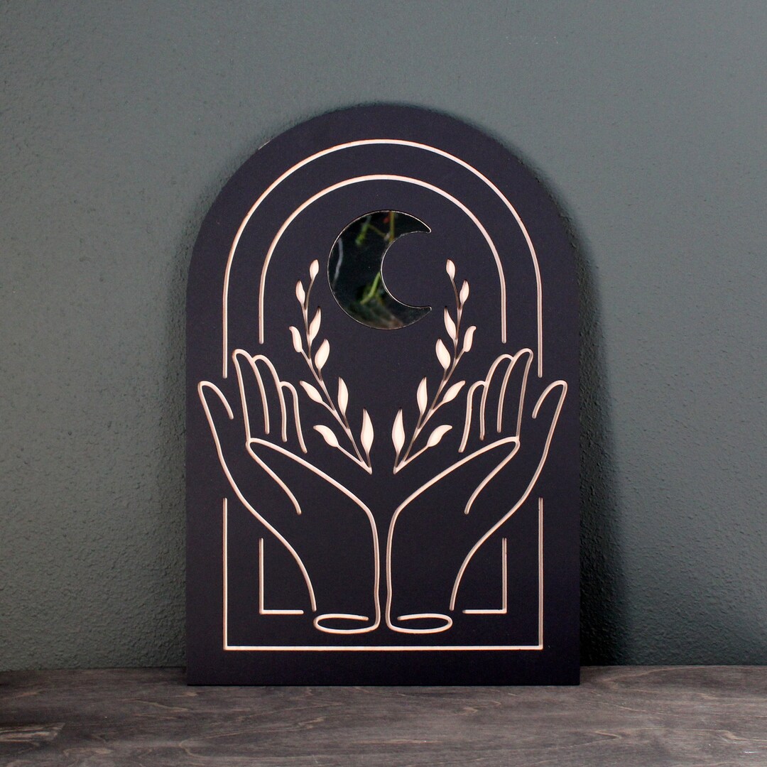 Manifest Moon Wood Arch With Mirror Detail | Botanical Moon Wall ...