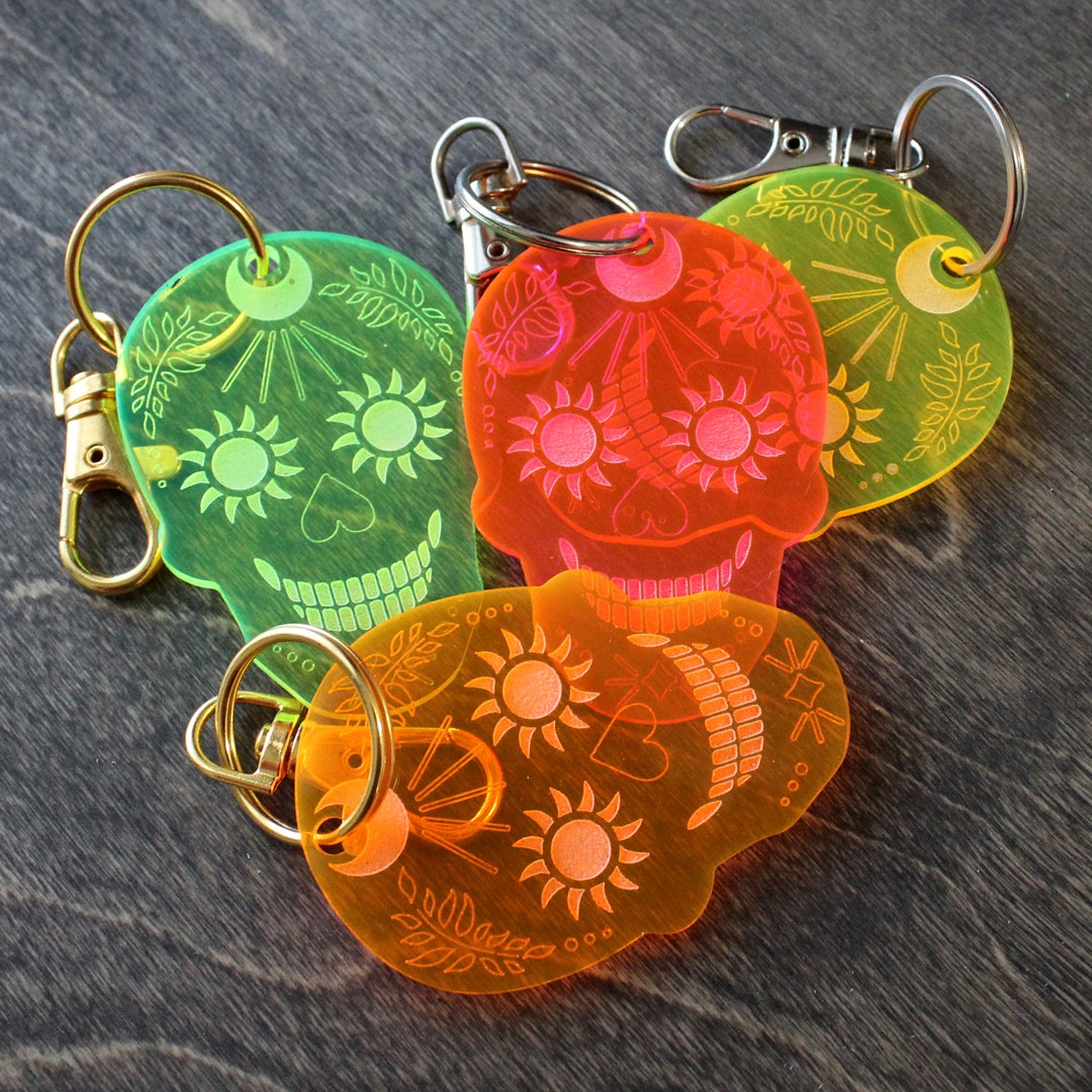 Sugar Skull Keychain | Neon Acrylic Keychain - Etsy