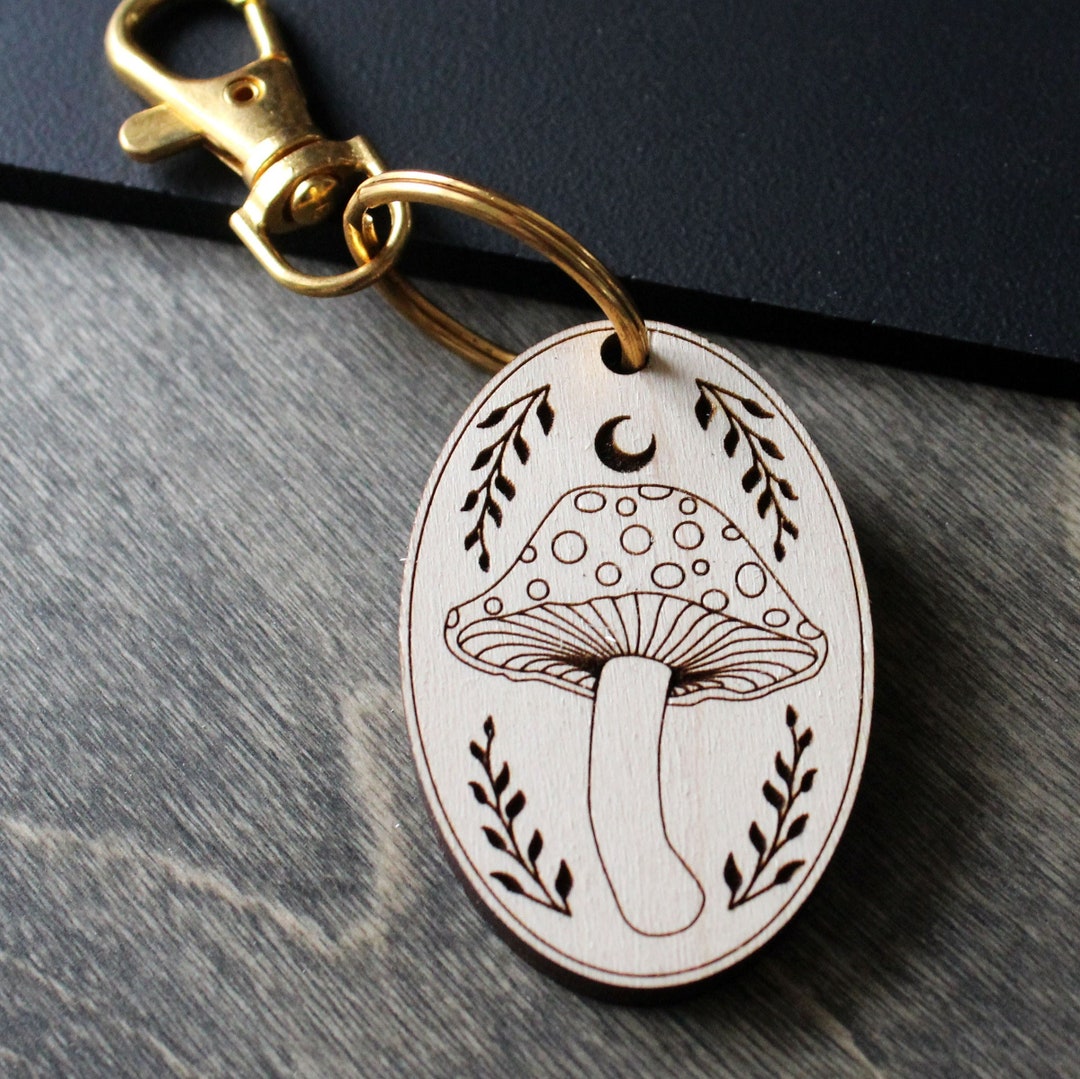 Botanical Mushroom Wood Keychain | Engraved Wood Shroom Leaf Keychain ...