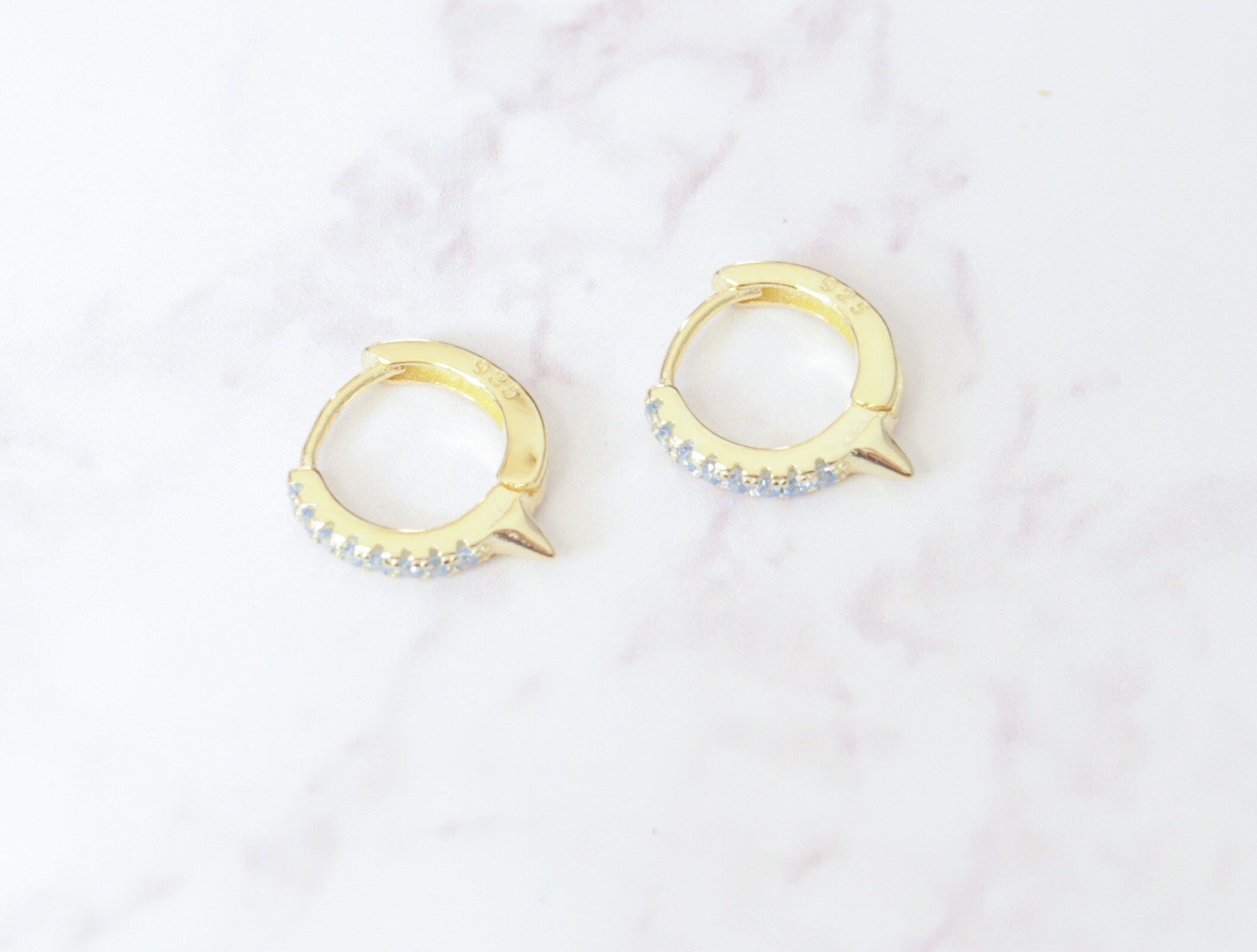 925 Earrings Light Blue Spike Huggies Spike Hoops Dainty Cz | Etsy
