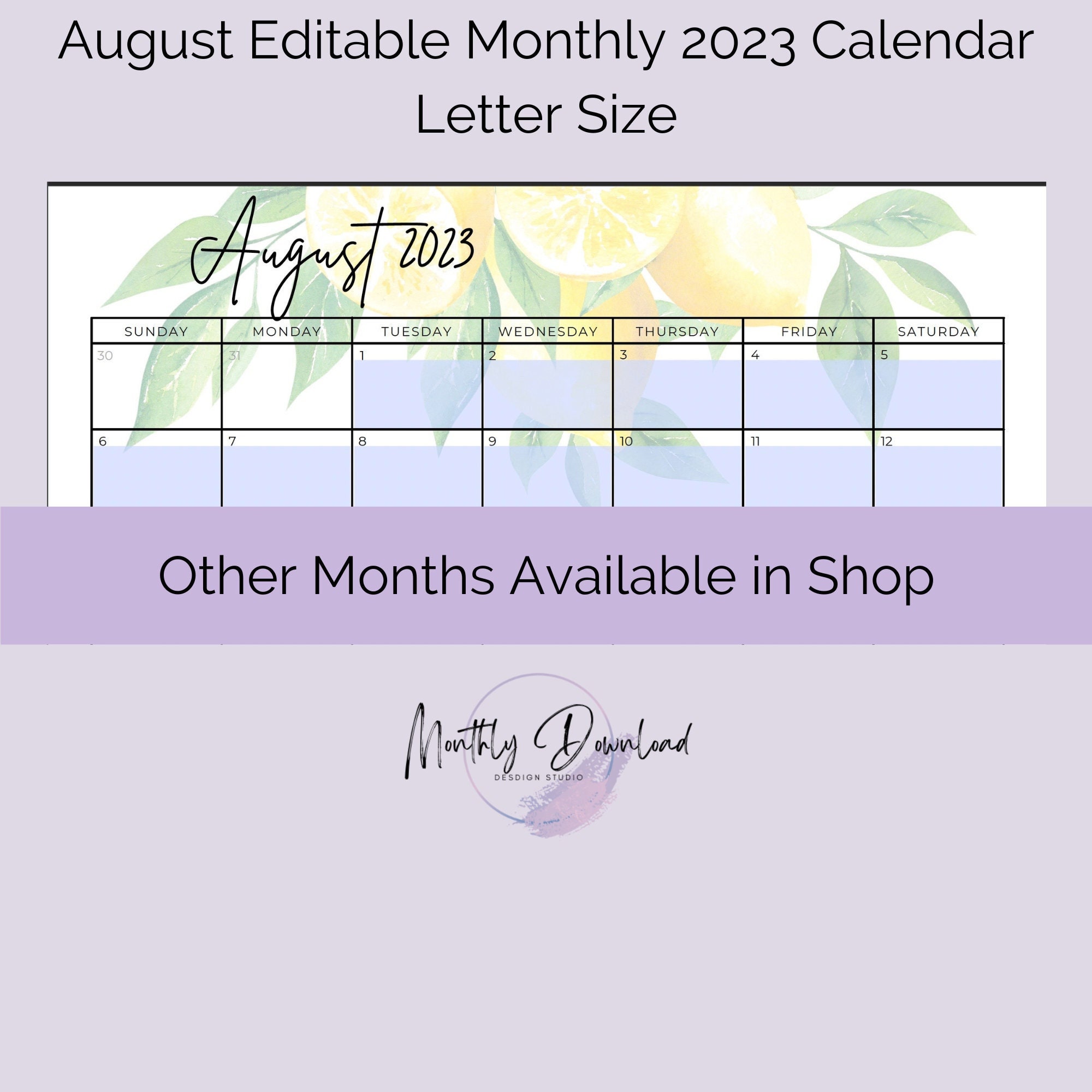 August 2023 Editable Monthly Calendar - Etsy