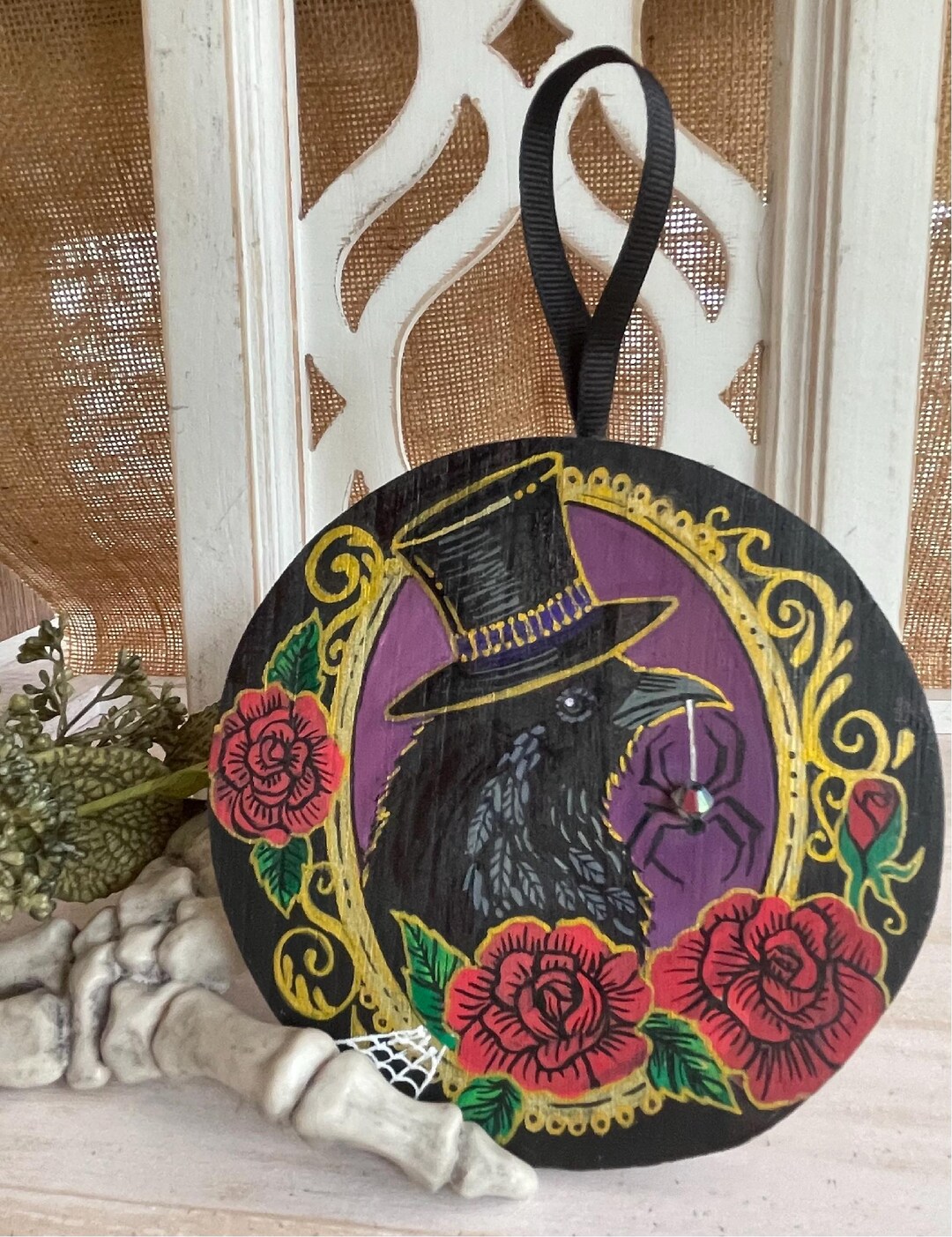 Hand Painted Gothic Raven Wood Disk Ornament - Etsy