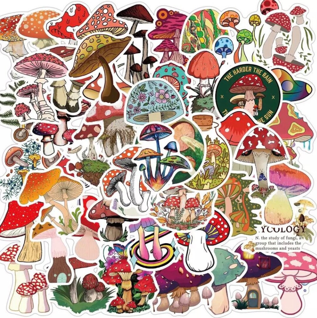 Sets of 5 Colourful Fungi Toadstool Mushroom Matte Stickers for Cups ...