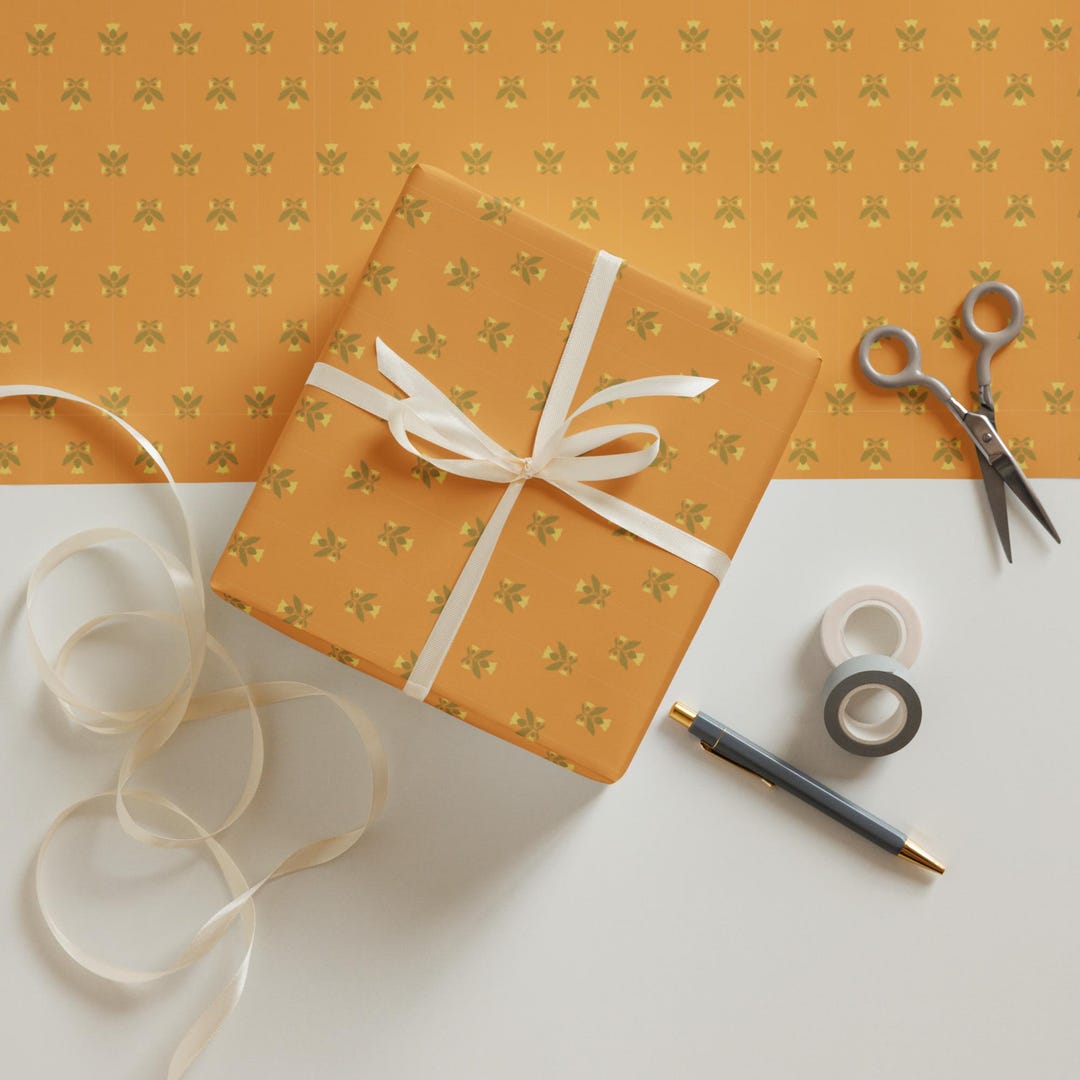 Golden Floral Wrapping Paper | Art Nouveau-inspired Gift Wrap | Yellow ...