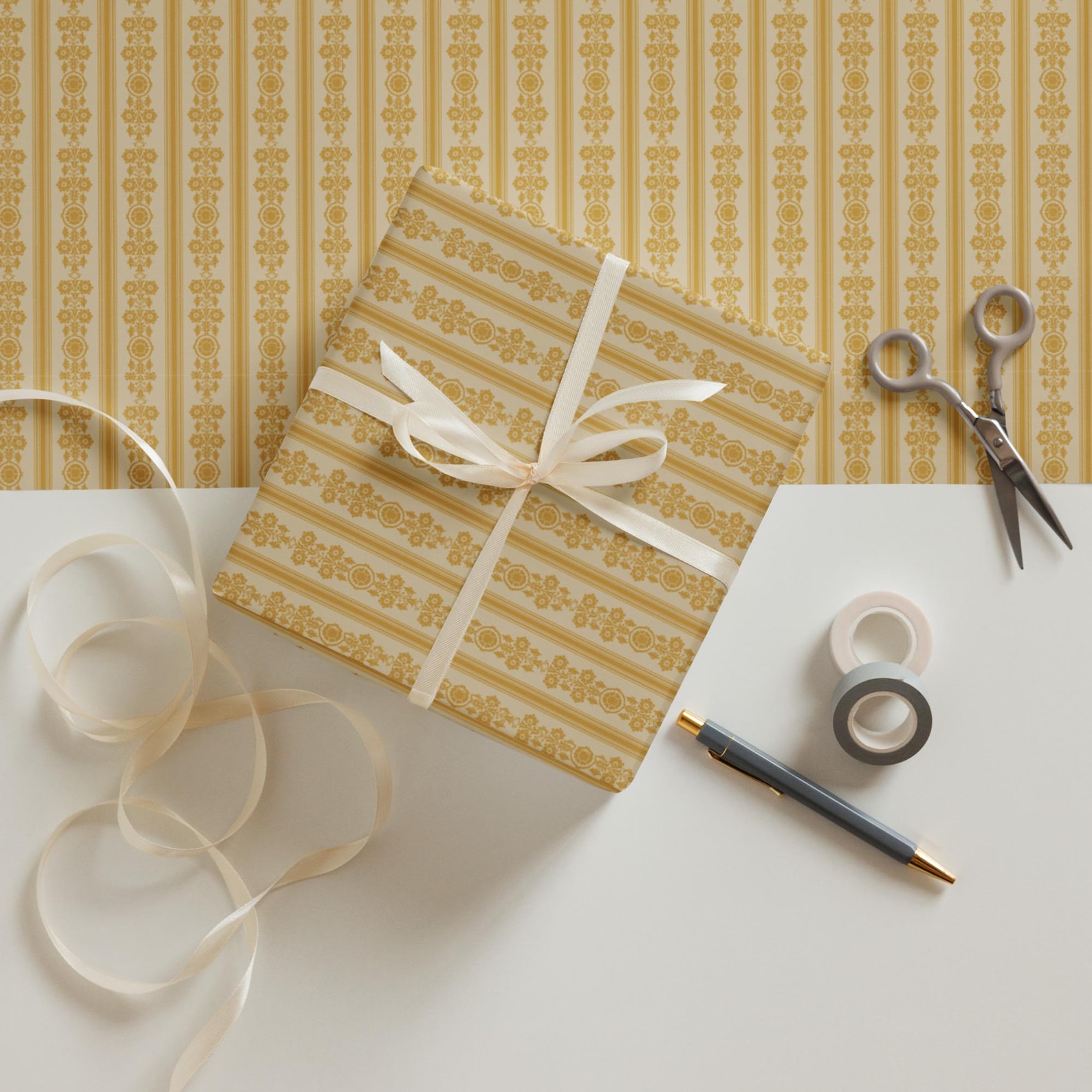 Royal Yellow Floral Wrapping Paper | Vintage-inspired Horizontal Design ...
