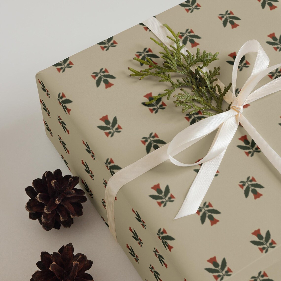 Festive Floral Wrapping Paper | Small Red Flowers & Green Leaves ...