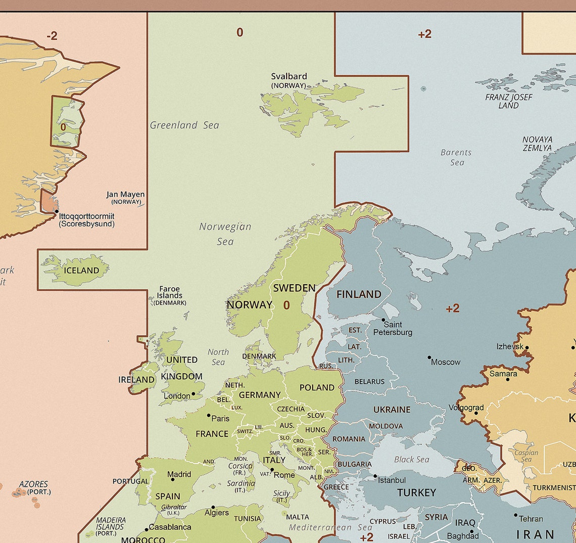 Standard Time Zones of the World Map Timezone School Wall Art Poster ...
