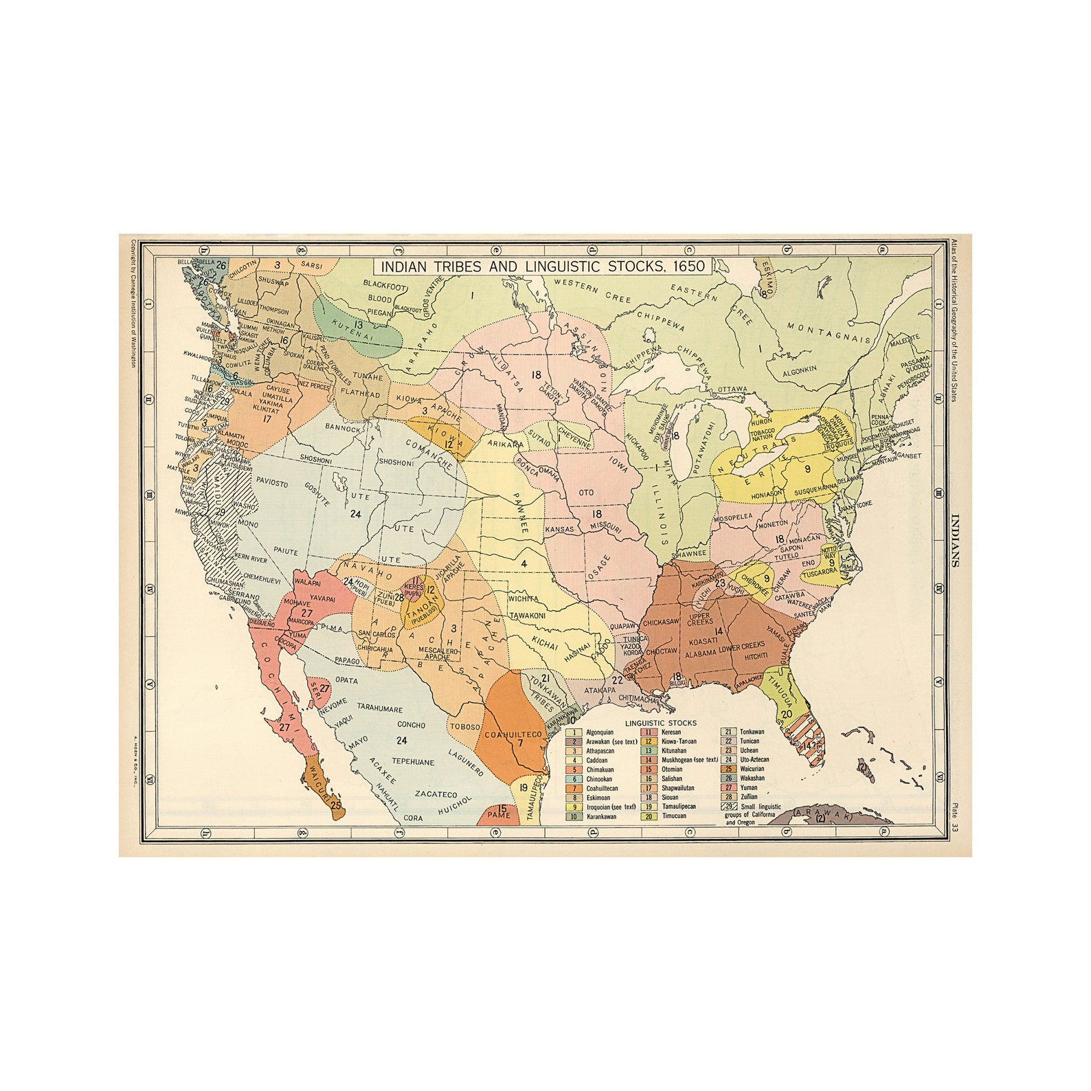 1650 US Native American Tribes Linguistic Map - Unframed Historical ...