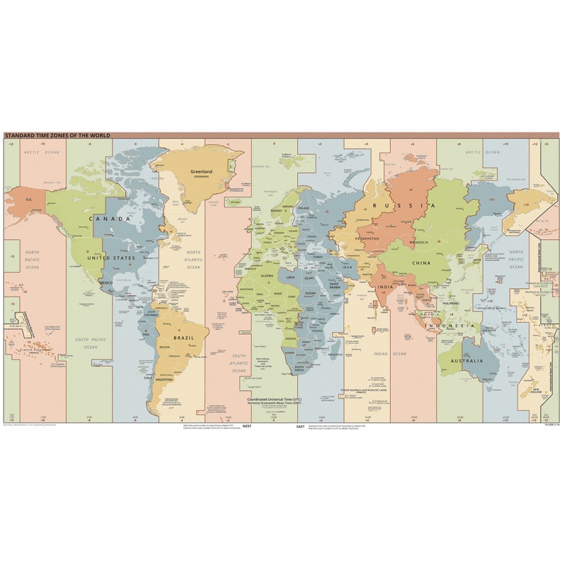 Standard Time Zones of the World Map Timezone School Wall Art Poster ...