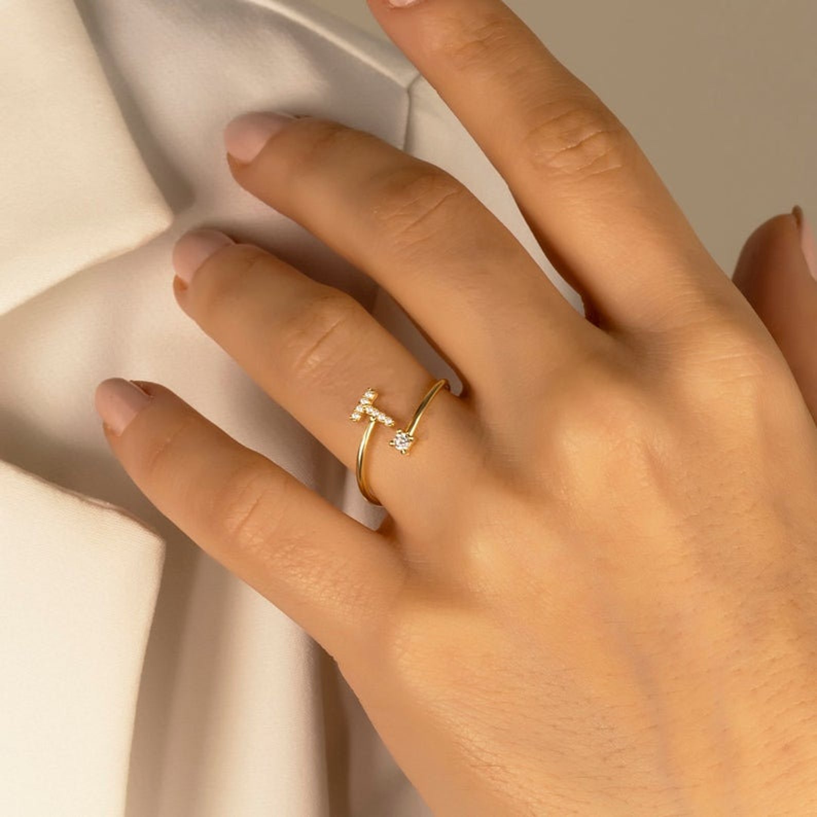 14k Solid Gold Alphabet Ring • Open Diamond Wrap Ring for Women ...