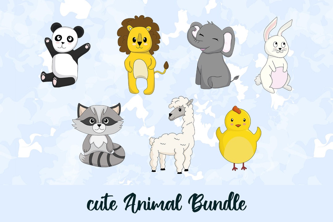 7 Cute Cartoon Animal Bundle, SVG PNG PDF Panda Lion Elephant Rabbit ...