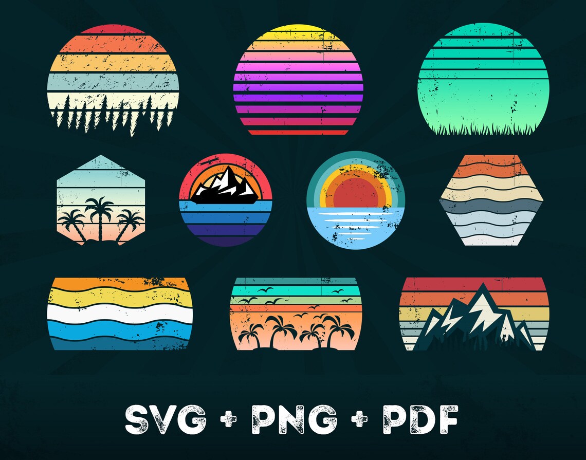 70 Vintage Retro Sunset Bundle SVG PNG PDF Distressed Sunsets | Etsy