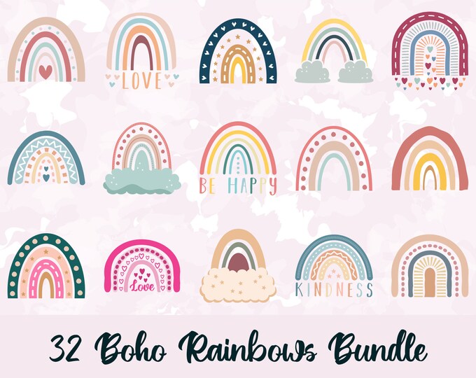 32 Boho Rainbows Bundle, SVG PNG PDF Cute Print on Demand Rainbow ...