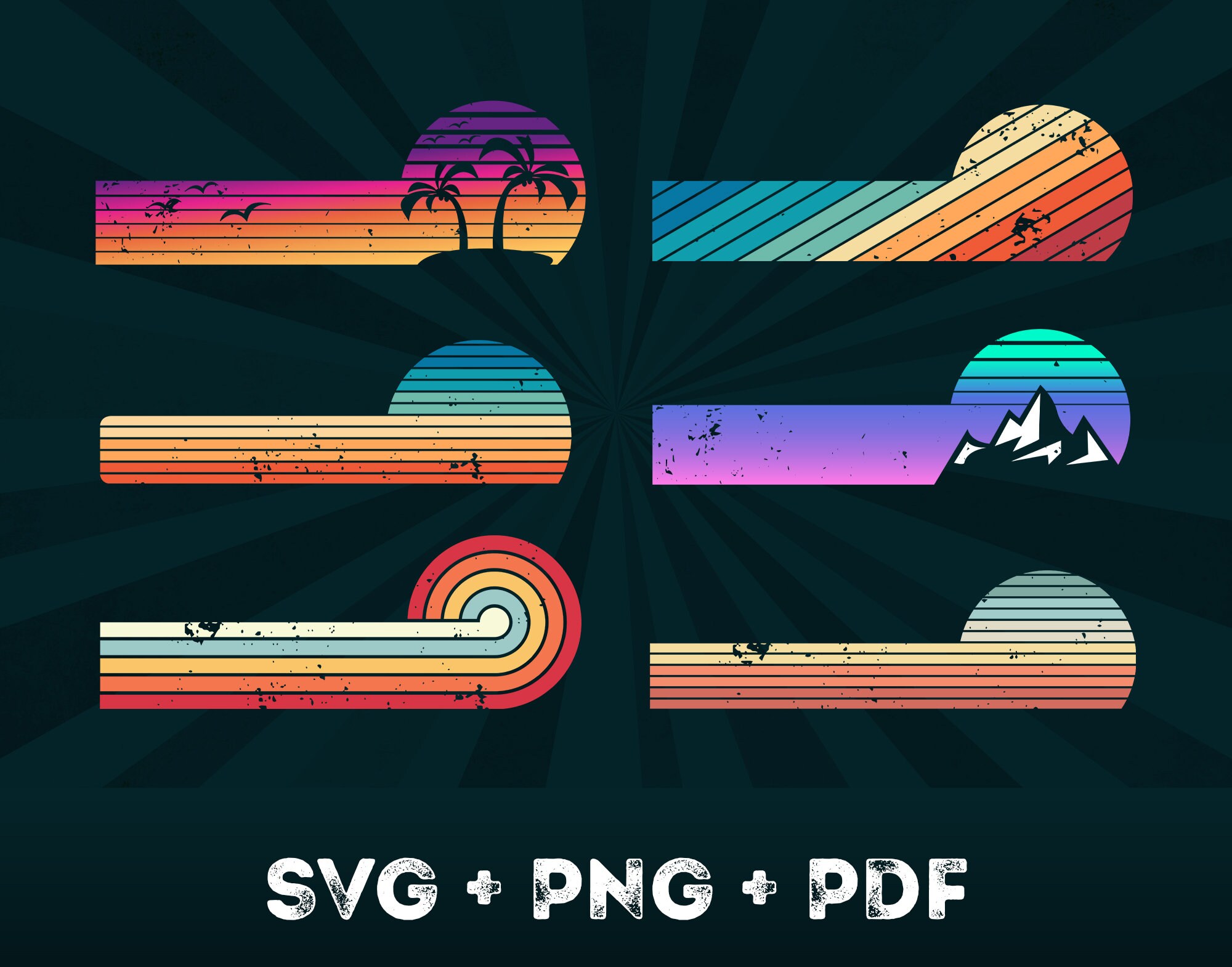 15 Retro Horizontal Sunsets Bundle, SVG PNG PDF Distressed Vintage ...