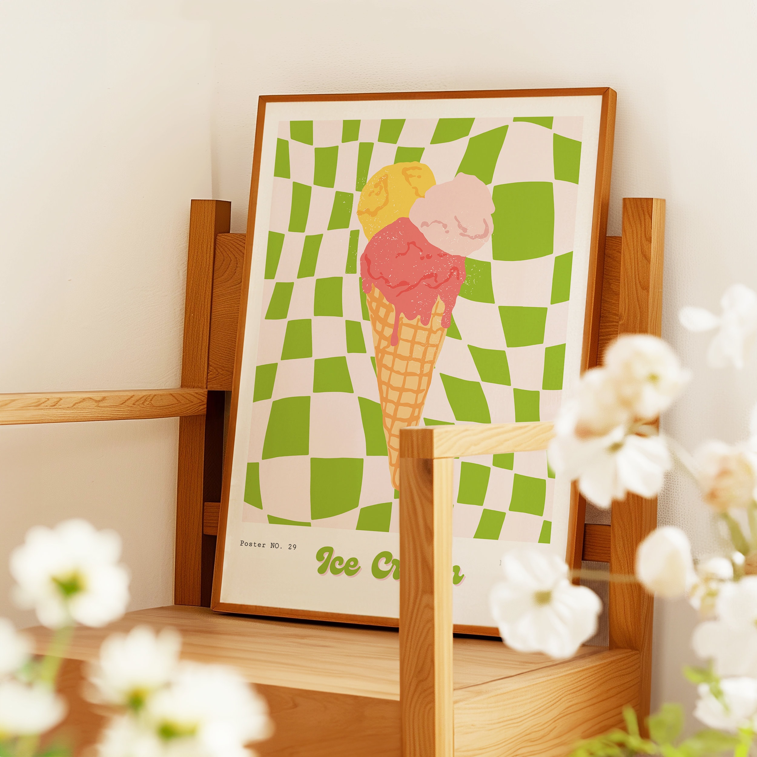 Retro Ice Cream Print | Maximalist Ice Cream Poster | Green Checkered ...