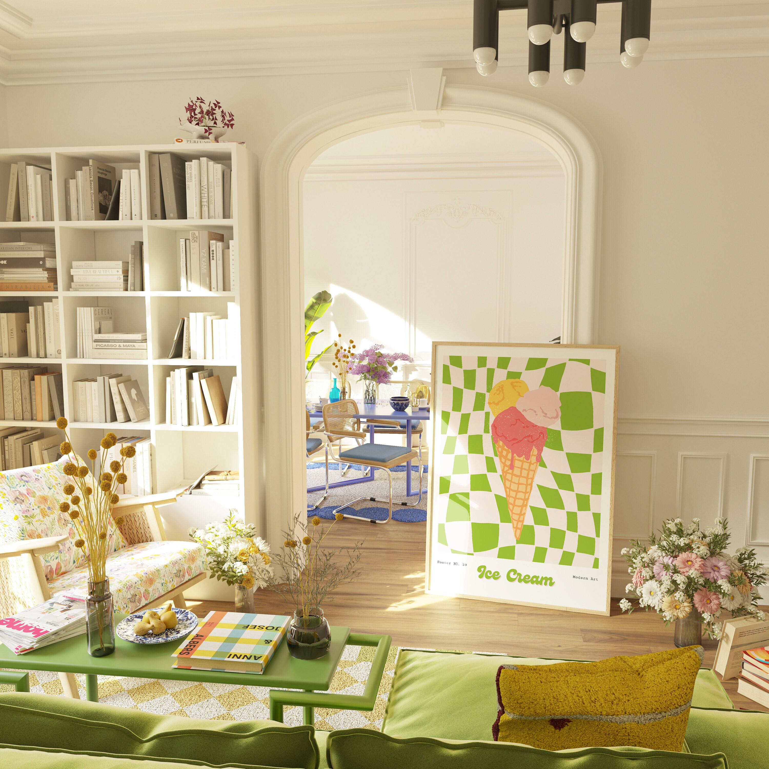 Retro Ice Cream Print | Maximalist Ice Cream Poster | Green Checkered ...