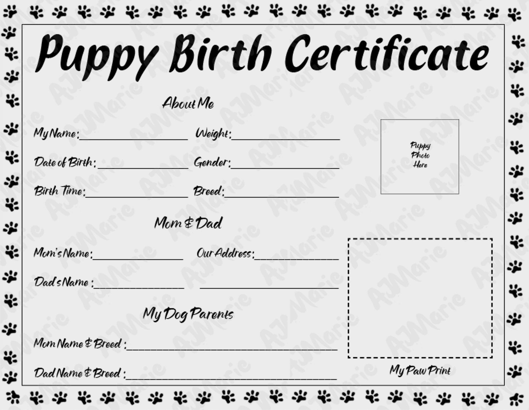 Puppy Birth Certificate for Kids, Child Pet Certificate, Kids Learning ...