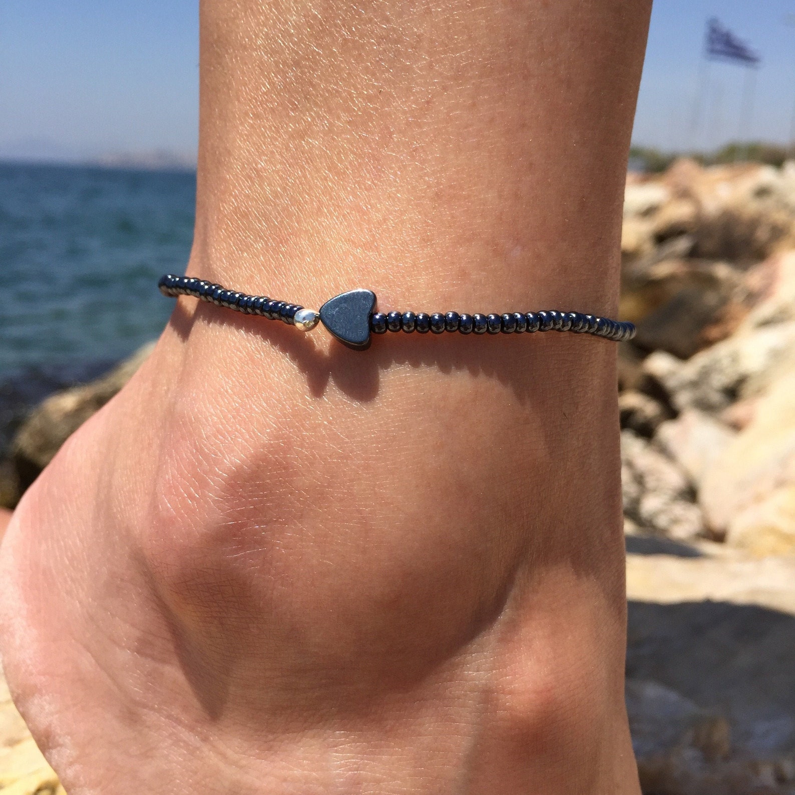 Hematite Heart Anklet Waterproof Stretch Ankle Bracelet - Etsy