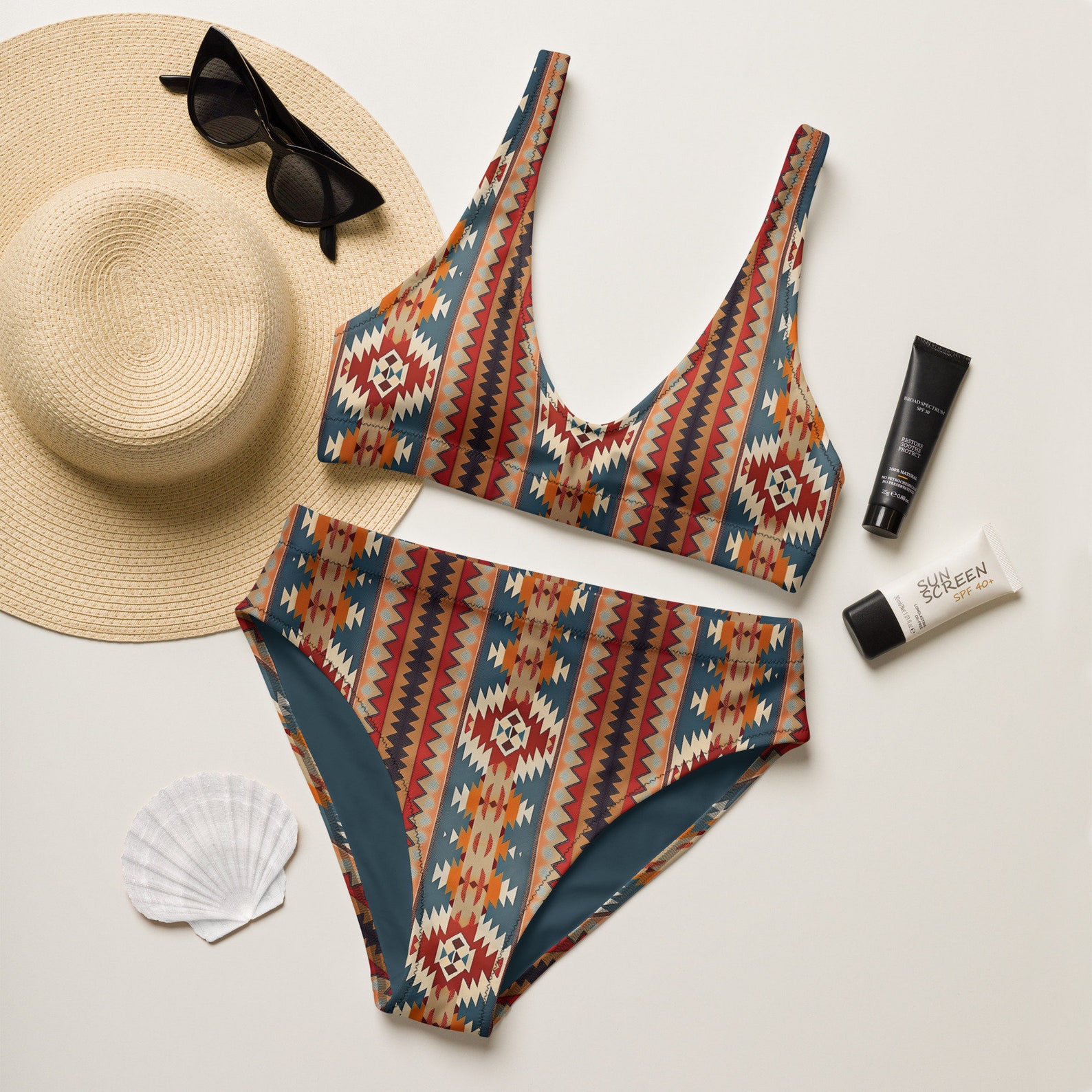 Native American Sunset Recycled High-waisted Bikini Set, Boho Two Piece ...