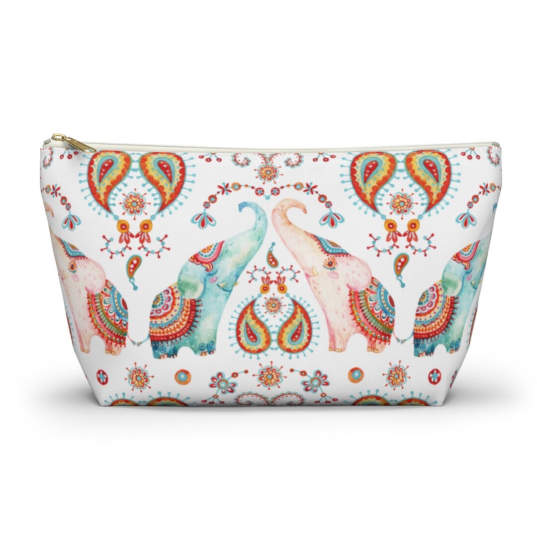 Indian Elephants Print Accessory Zipper Pouch, Boho Pencil Bag, Paisley ...